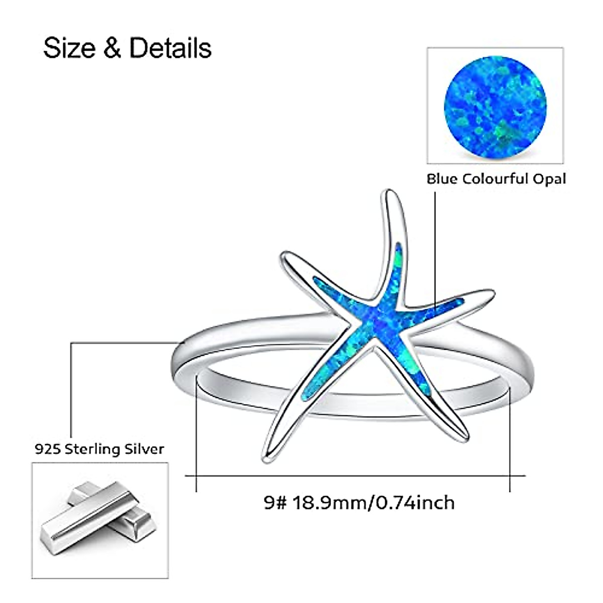Cuoka Starfish Rings for Women, 925 Sterling Silver with Blue Opal Promise Hawaiian Beach Nautical Ocean Statement Fidget Ring Jewelry Birthday For Friend Wife