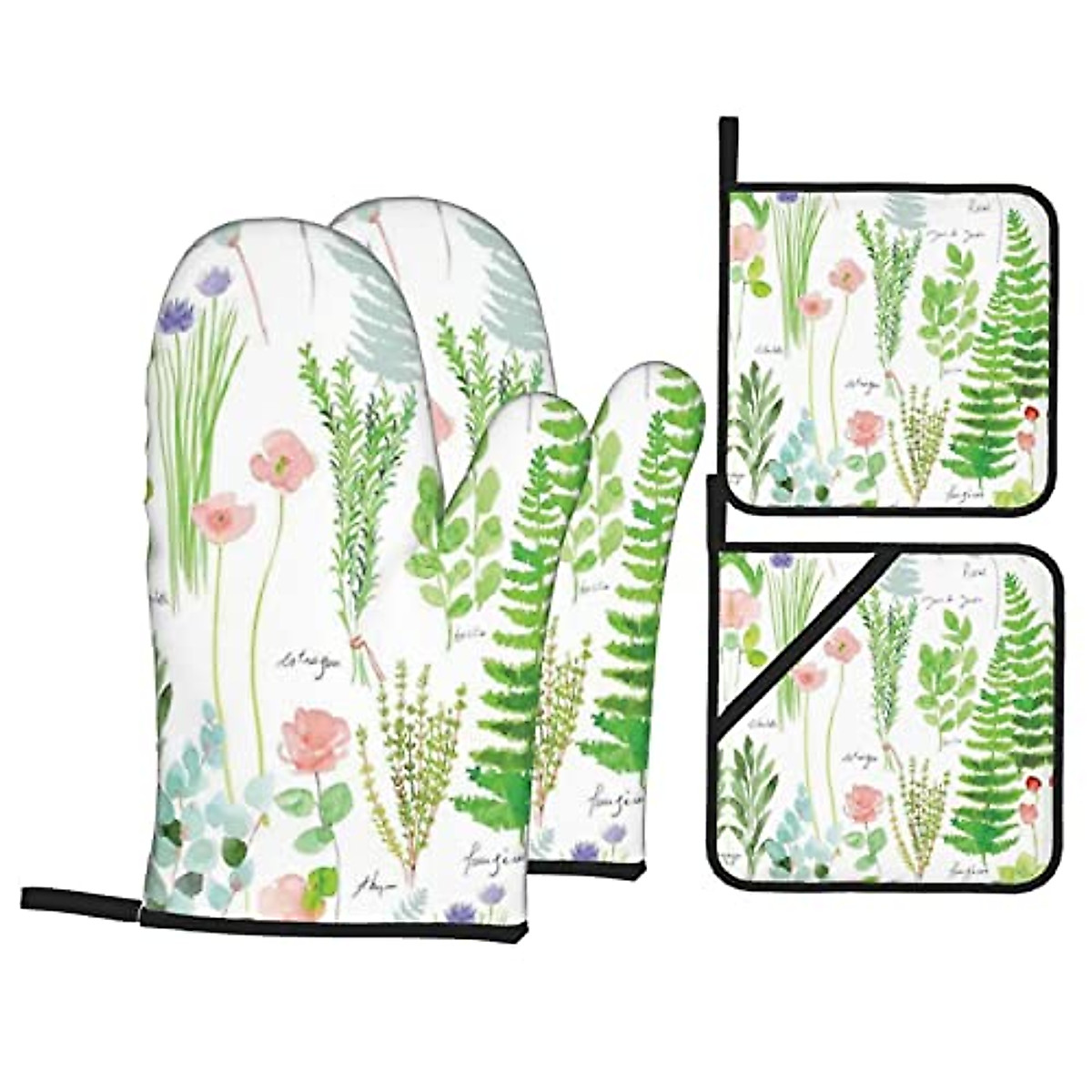 Springtime Herb Garden Heat-Resistant Oven Mitts and Pot Holders 4-Piece Set, Suitable for Kitchen Cooking, Outdoor Grilling