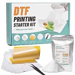 KASYU DTF Transfer Powder Film Kit for DTF Sublimation Printer,All-in-1 DTF Starter Kit- 8.8oz White Digital Hot Melt Adhesive&15 Direct to Film Pretreat Iron-on Transfer Paper Fabric