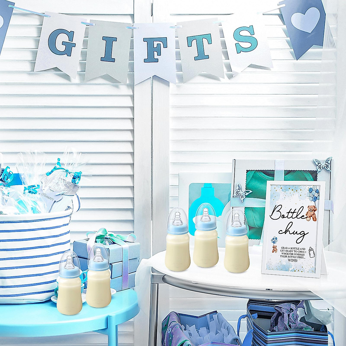 Roowest Bottle Chug Baby Shower Game Favors including Bear Theme Bottle Chug Game Wooden Sign and 18 Pcs Blue Baby Bottles for Baby Shower Game Gender Reveal Party Supplies