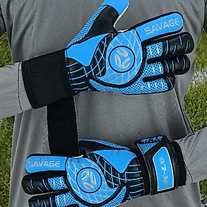 K-LO Goalkeeper Gloves: Savage Rise Soccer Goalie Gloves - Blue Size 8 (Unisex, Youth, Kids & Adult) - Fingersaves for Protection | Strong Grip Palm