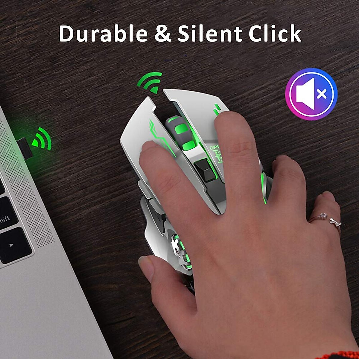 Uciefy Q85 Rechargeable Wireless Gaming Mouse, 2.4G LED Optical Silent Wireless Computer Mouse with 4 LED Light, 3 Adjustable DPI, Ergonomic Design, Auto Sleeping (Silver)