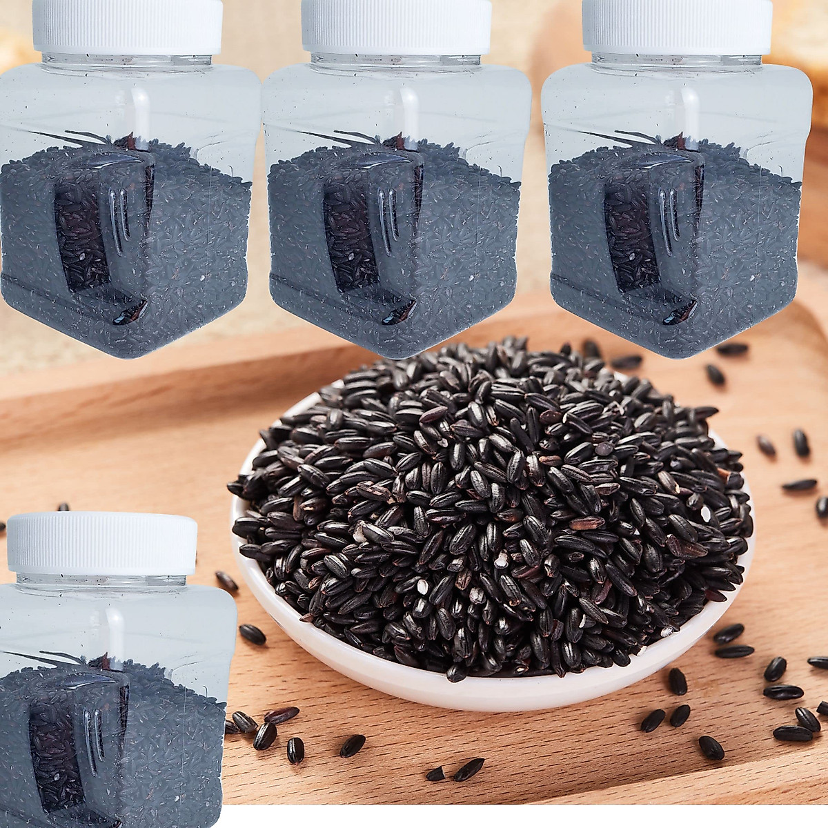 kelkaa 16oz Clear PET Plastic Square Wide Mouth Jars with Grip Handle and White Ribbed Lined Caps, BPA Free, Multi-Use Empty Containers, 63mm/400, Made in the USA (Pack of 6)