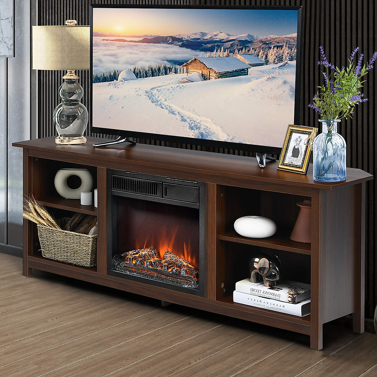 Tangkula Fireplace TV Stand, 58 Inches Entertainment Media Console Center w/18 Inches 1500W Electric Fireplace, w/Remote Control and Adjustable Brightness, TV Stand Fireplace for TV Up to 65 Inches