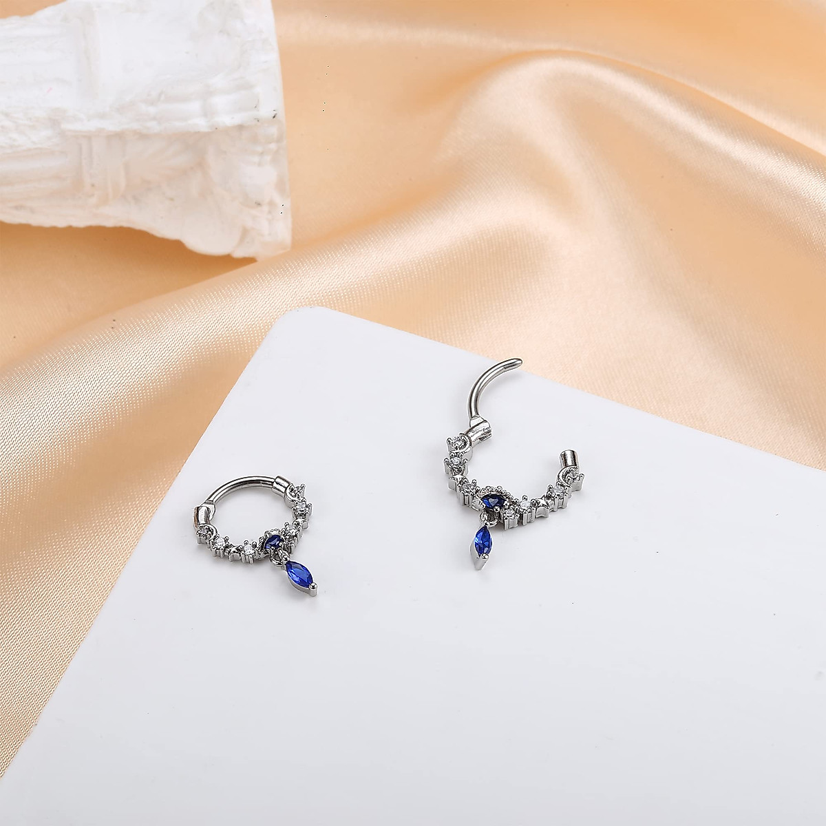 YADOCA 16G Septum Rings Dangle Septum Clicker Piercing Jewelry Hypoallergenic 316L Surgical Steel Blue Planet Star Moon Teardrop Clear CZ Dangly Nose Ring Daith Helix Earrings Piercing Jewelry for Women Men 10MM