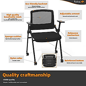 FYLICA Foldable Office Chair Set of 2 with PU Wheels and Sliding Armrest-Ergonomic Mesh Bouncing Back, Stackable Conference Room Chair, Office Guest & Reception & Meeting Chair (Black)
