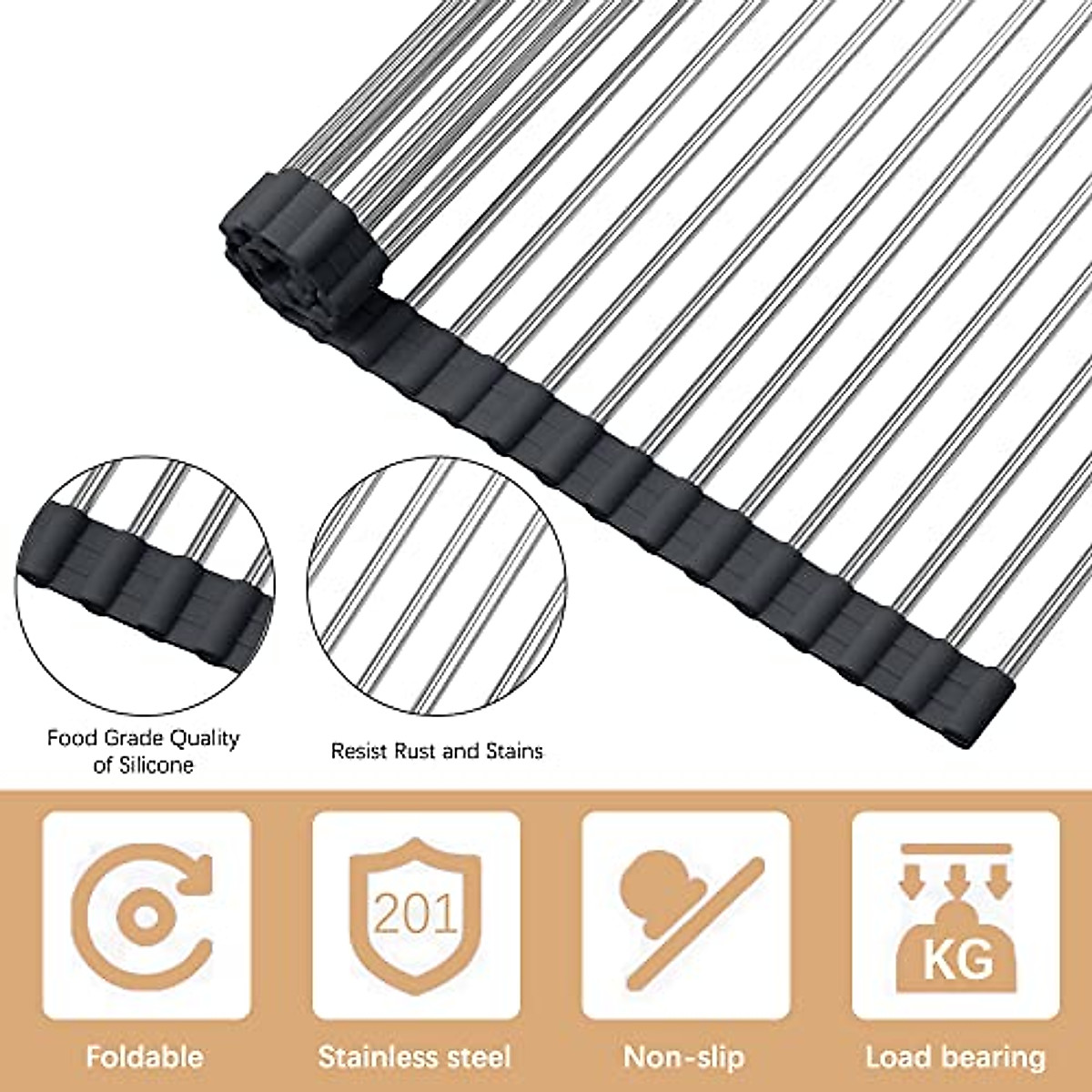 MGahyi Roll Up Dish Drying Rack, Over The Sink Drying Rack, Multipurpose 304 Stainless Steel Silicone Wrapped Steel Roll-Up , Folding Dish Rack for Kitchen Sink （Black, 17.3" x 10.2"）