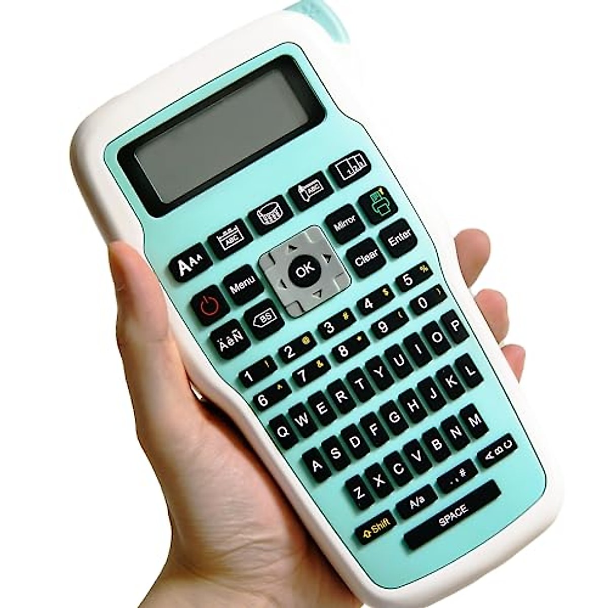 Vixic E1000 Handheld Label Maker Machine, Green Portable QWERTY Keyboard Easy to Use AC Adapter Labeler, Multiple Fonts Icons Printer for Home School Office Industry Organization