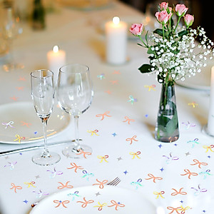 Bow Confetti, 200pcs Pink Rainbow Star Confetti Tying the Knot Bachelorette Party Decor Table Ribbon Confetti Engagement Party Decorations Bridal Shower Supplies