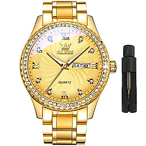 Fashion Gold Watches for Men Diamond Luxury Men's Wrist Watch With Day Date Waterproof Golden Stainless Steel Big Face Luminous Classic Dress Male Watches Casual Analog Quartz Watch for Young Man