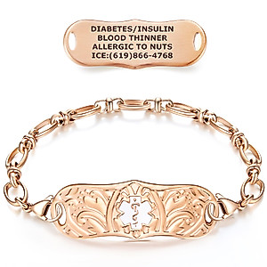 Divoti Rose Gold Signature Custom Engraved Medical Alert ID Bracelet for Woman, Elegance Tag/White - 7.0"