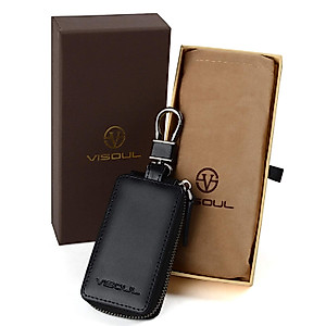 VISOUL Car Key Case, Italy Leather Car Smart Key Fob Zipper Case with Keychain and Metal Hook (A02-Black)