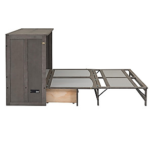 Harper & Bright Designs Murphy Bed Queen Size with Storage Drawer, Solid Pine Murphy Bed Frame with Charging Station, Modern Murphy Bed Cabinet for Guest Room Home Office, Antique Gray