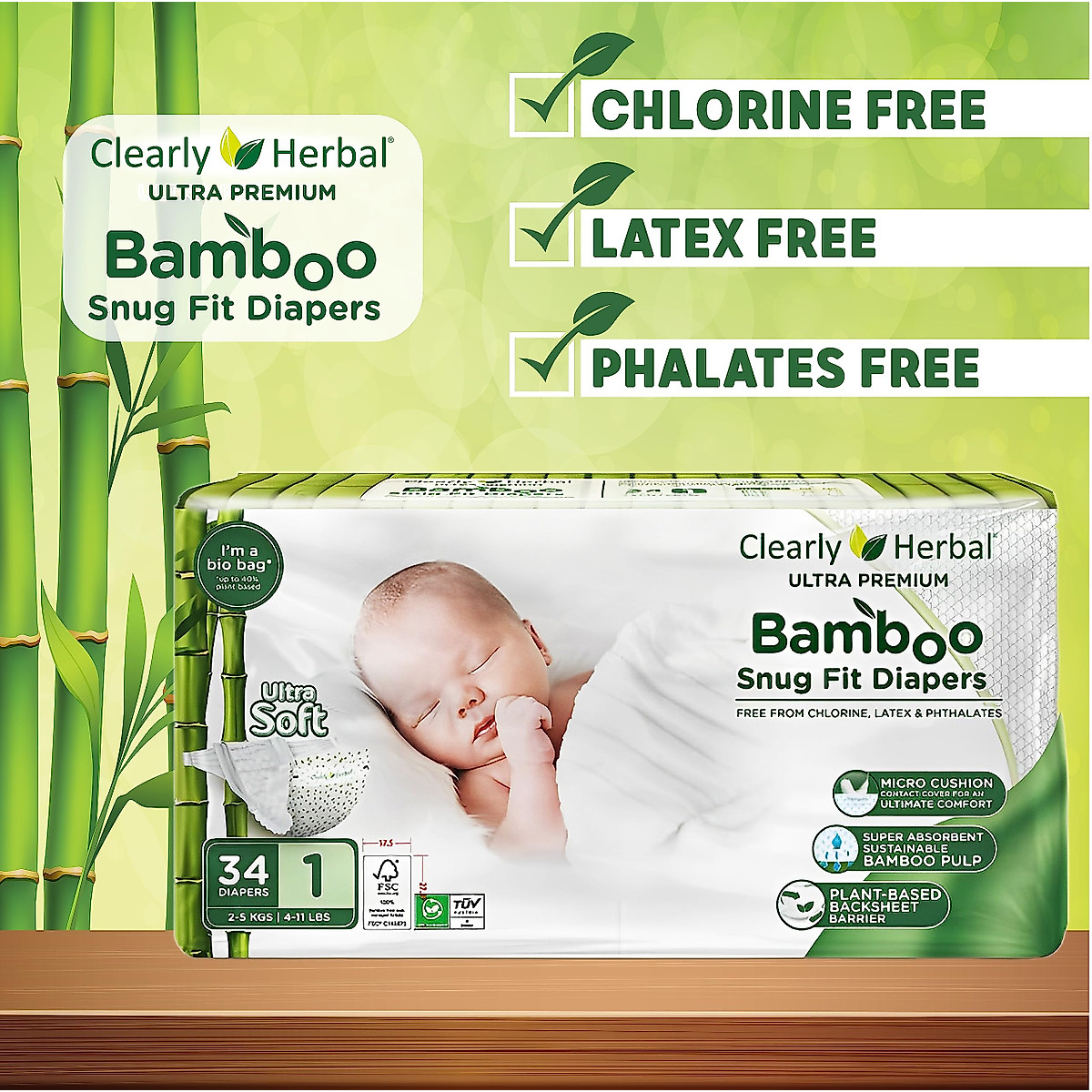 Clearly Herbal Bamboo Diapers, Micro Cushion Comfort & Other Plant-Based Materials, Size 1 34ct Case (4 Inner Bags)