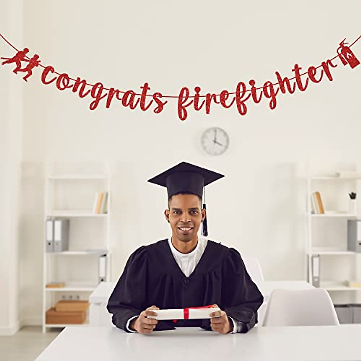 Red Glitter Congrats Firefighter Banner, So Proud of You/Class of 2023/Congrats Grad, 2023 Graduation Party Decorations