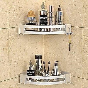 GeekDigg 2-Pack Shower Shelves for Inside Shower for Tile Walls With Razor Holder, No Drilling Required Aluminium Corner Shower Caddy for Shampoo Conditioner, Bathroom Organizer with Razor Holder