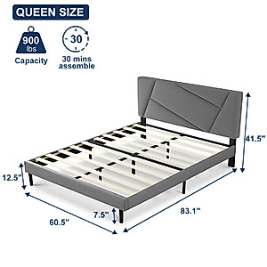 Molblly Queen Bed Frame with Adjustable Headboard, Linen Fabric Wrap, Strong Frame and Wooden Slats Support, No Box Spring Needed, Non-Slip and Noiseless, Easy Assembly, Light Grey
