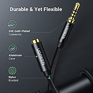 UGREEN Headphone Extension Cable 4 Pole TRRS 3.5mm Extension with Microphone Male to Female Stereo Audio Cable Gold Plated Nylon Braided Compatible with iPhone iPad Smartphones Media Players, 3FT