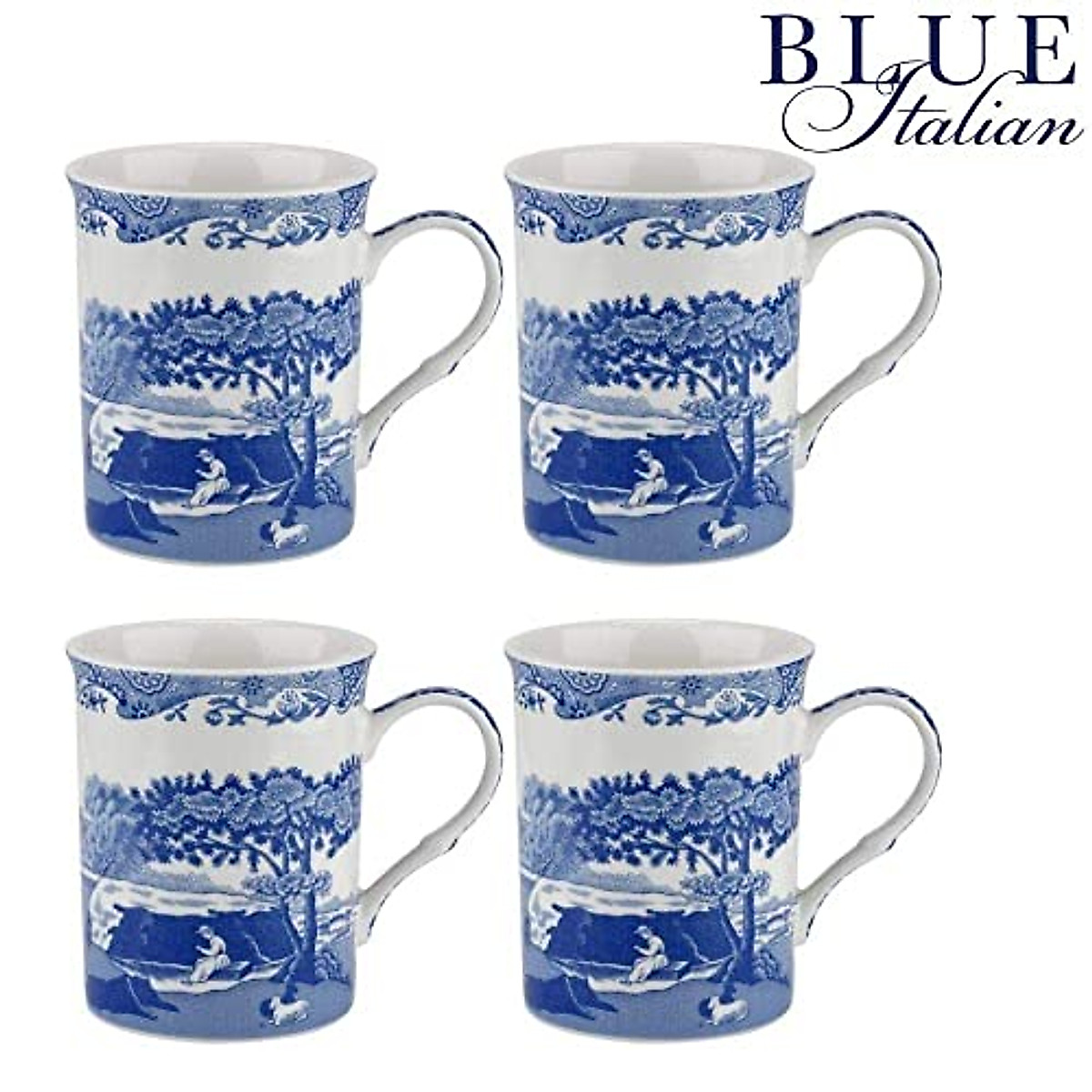 Spode Blue Italian Large Mugs | Set of 4 | 340ml / 12-ounces | Cup for Coffee, Tea, and Other Beverages | Blue/White | Made of Porcelain | Dishwasher Safe