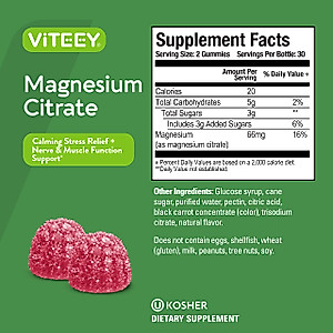 Magnesium Citrate Gummies for Adults & Teens - 66mg, Supports Calm Mood, Optimal Relaxation, Muscle Function - Vegetarian, Gelatin Free, GMO Free - Tasty Chewable Raspberry Flavored Gummy