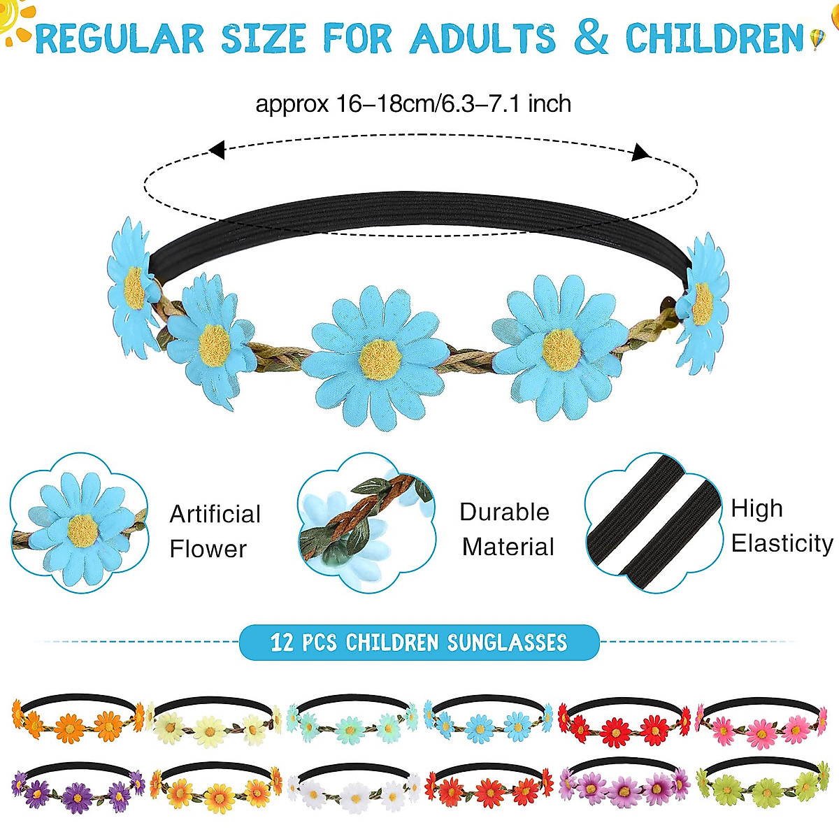 Chumia 24Pcs Retro Flower Sunglasses Hippie Headbands Set Groovy Decors 12pcs Multicolor Daisy Headbands 12pcs Sunglasses (Flower)