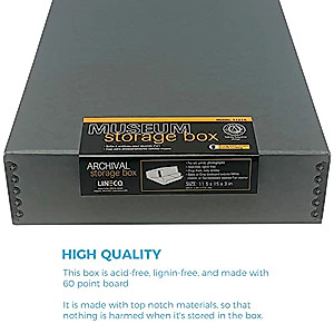 Lineco Museum Storage Box, Archival Quality Acid-Free Buffered Drop Front Design with Metal Edges Removable Lid, 11x14 Inches, Photo Organizer Store and Protect Prints, Blue / Gray Exterior