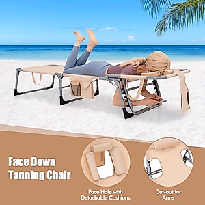 Goplus Tanning Chair, Folding Adjustable Patio Lounge Chair with Face Hole, Removable Pillow, 330LBS, Carry Strap, Outdoor Sunbathing Chair, Lightweight Portable Beach Lounge Chair (1, Beige)
