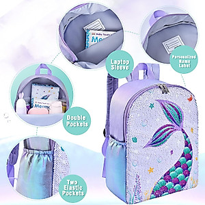 WERNNSAI Mermaid Kids Backpack Set - 15” Mermaid Sequins School Backpack with Lunch Bag for Girls Preschool Kindergarten Elementary Travel Laptop Lightweight Book Bag Insulated Lunch Tote Bag