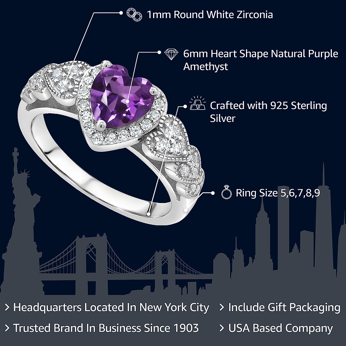 Gem Stone King 925 Sterling Silver Gemstone Birthstone Heart Engagement Ring | 6MM Heart Shape | Wedding Engagement Anniversary Promise Ring For Women | Available In Size 5, 6, 7, 8, 9