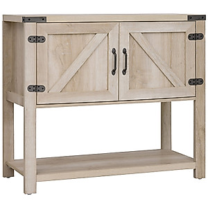 HOMCOM Farmhouse Double Door Coffee Bar Cabinet, Sideboard Buffet Cabinet, Kitchen Cabinet with Bottom Shelf for Entryway, Living Room, Oak