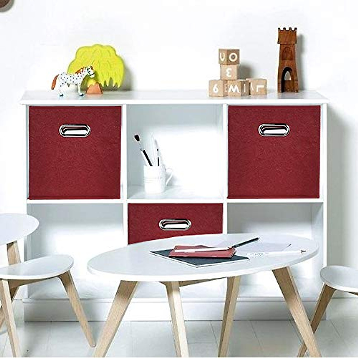 IKEBANA 11 inches Embossed Claret Red Cube Storage Bins, Foldable Fabric Storage Bins Drawers Clothes Organizer Collapsible Cube Storage Bins, Metal Handles 6 Pack