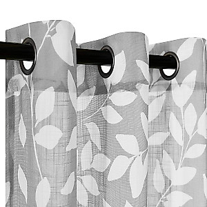Treatmentex White and Grey Curtains for Bedroom 84" Length Semi-Sheer Print Leaf Curtains for Living Room Windows, Grommet Top, 2 Pack