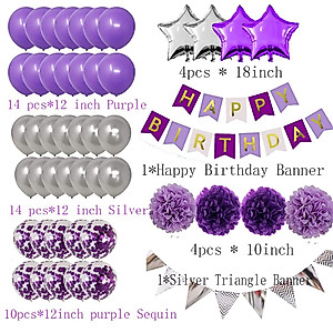 Colorpartyland Purple and Silver Birthday Decorations Set-Purple Happy Birthday Banner Latex and Confetti Balloons Paper Garland Huge Number 36 Balloons for Women 36th Birthday