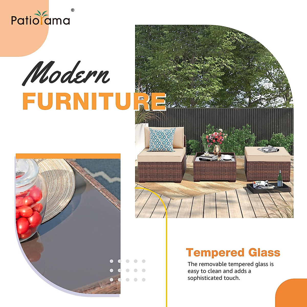 Patiorama 3 Piece Patio Furniture Set, Outdoor Sectional Sofa, PE Wicker Rattan Conversation Set, All Weather Armless Chair and Ottoman with Coffee Table, Brown Wicker Beige Cushion