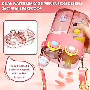 HiGropcore Kawaii Water Bottle Cute Water Bottles with Straw, Double Chamber Water Bottle with Adjustable Strap and Kawaii 3D Stickers, Portable Leakproof Water Jug, 26oz