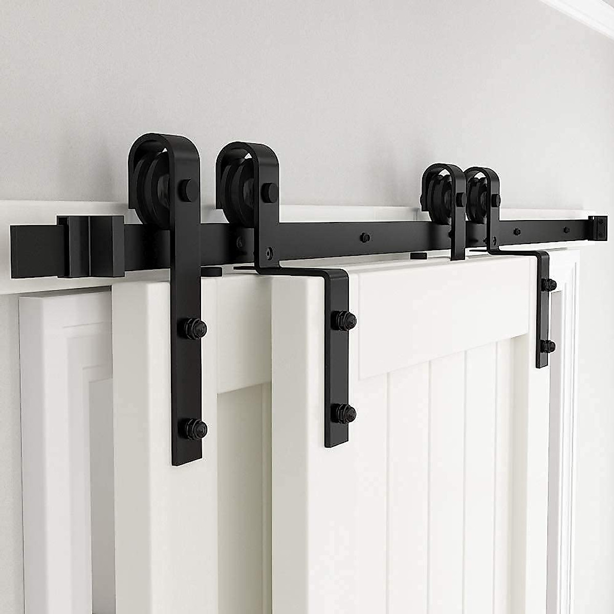 skysen 8FT Heavy Duty Sliding Barn Door Hardware Single Track Bypass Double Door Kit Black(Bypass J Shape-1)
