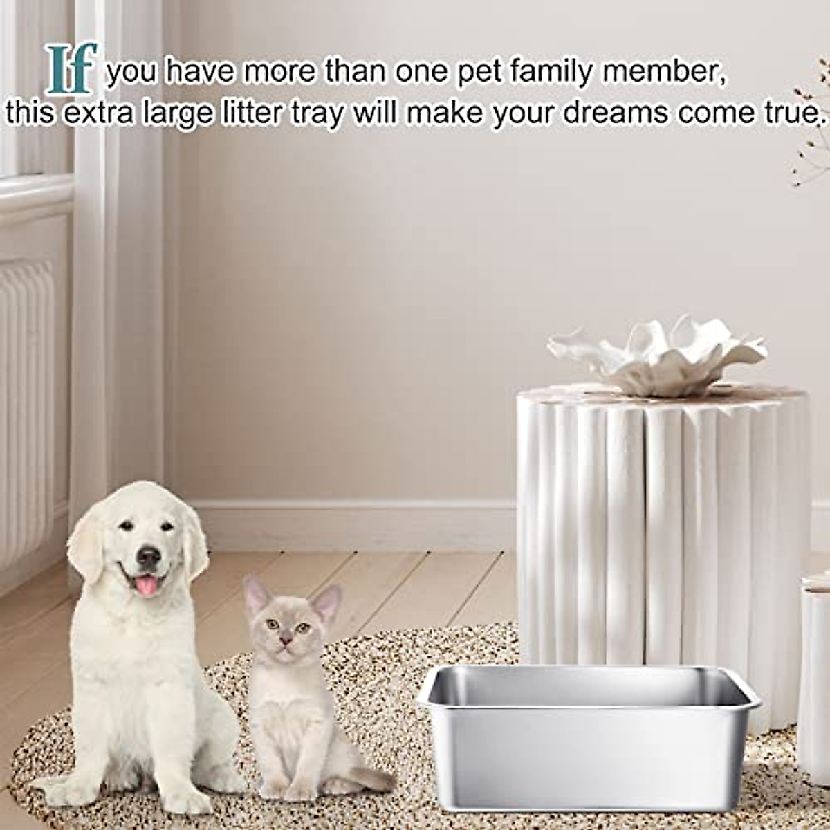 3 Pieces Stainless Steel Cat Litter Box Large Metal Litter Box Pets Litter Basin Pan Never Absorbs Odor, Rustproof, Easy to Clean, Safe and Hard for Cat Rabbits (17.7 x 13.8 x 5.9 Inches)