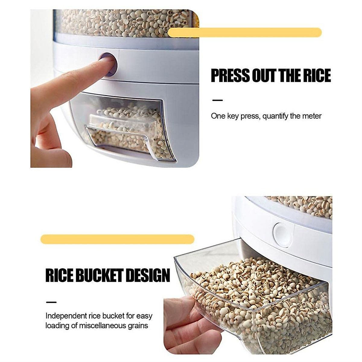 Rice Dispenser, 6-Grid 12lbs Rotating Rice Dispenser, Rice & Grain Storage Container, One-Click Rice Output, Visible and Round Rice Storage Bucket for Grains, Snacks, Candy, Coffee Beans, Dog Food