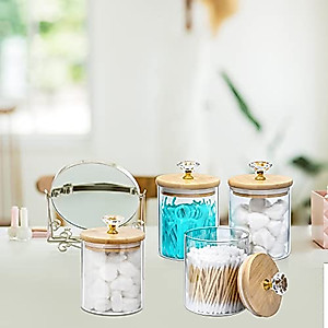 Bathroom Organizer with Bamboo Lids,Apothecary Jars Qtip Holder Storage Canister Clear Glass bathroom jars Cotton Ball Holder for Cotton Rounds,Pads, Floss,Cotton Swab(3 pieces)