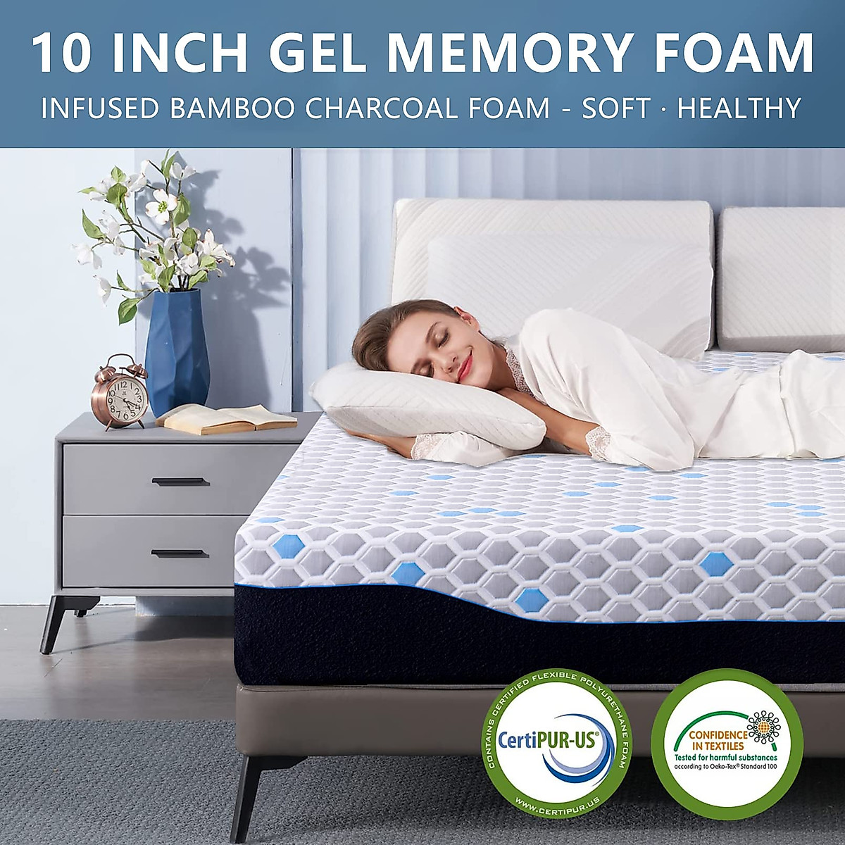 TMEOSK Queen Size Mattress, 10 Inch Gel Memory Foam Mattress with Infused Bamboo Charcoal, Mattress in a Box for Cool Sleep & Balance Support & Pressure Relief