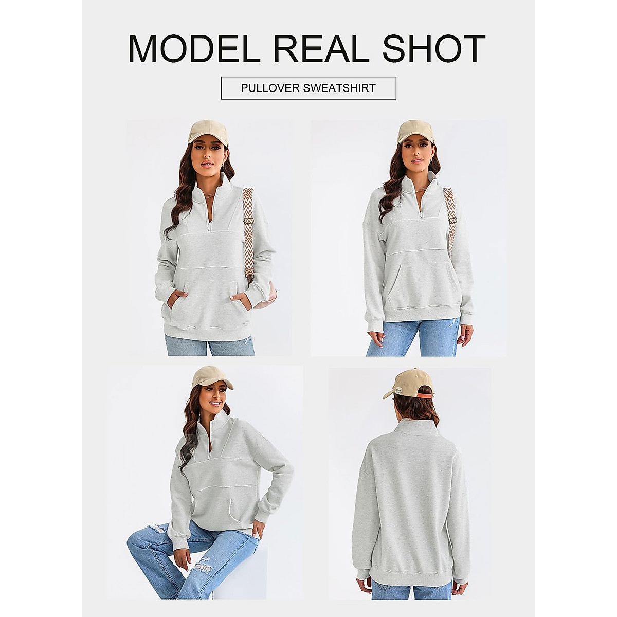 BLENCOT Womens Oversized Quarter Zip Contrast Stitch Pullover Sweatshirt Loose Up Drop Shoulder Winter Y2K Tops Gray XL