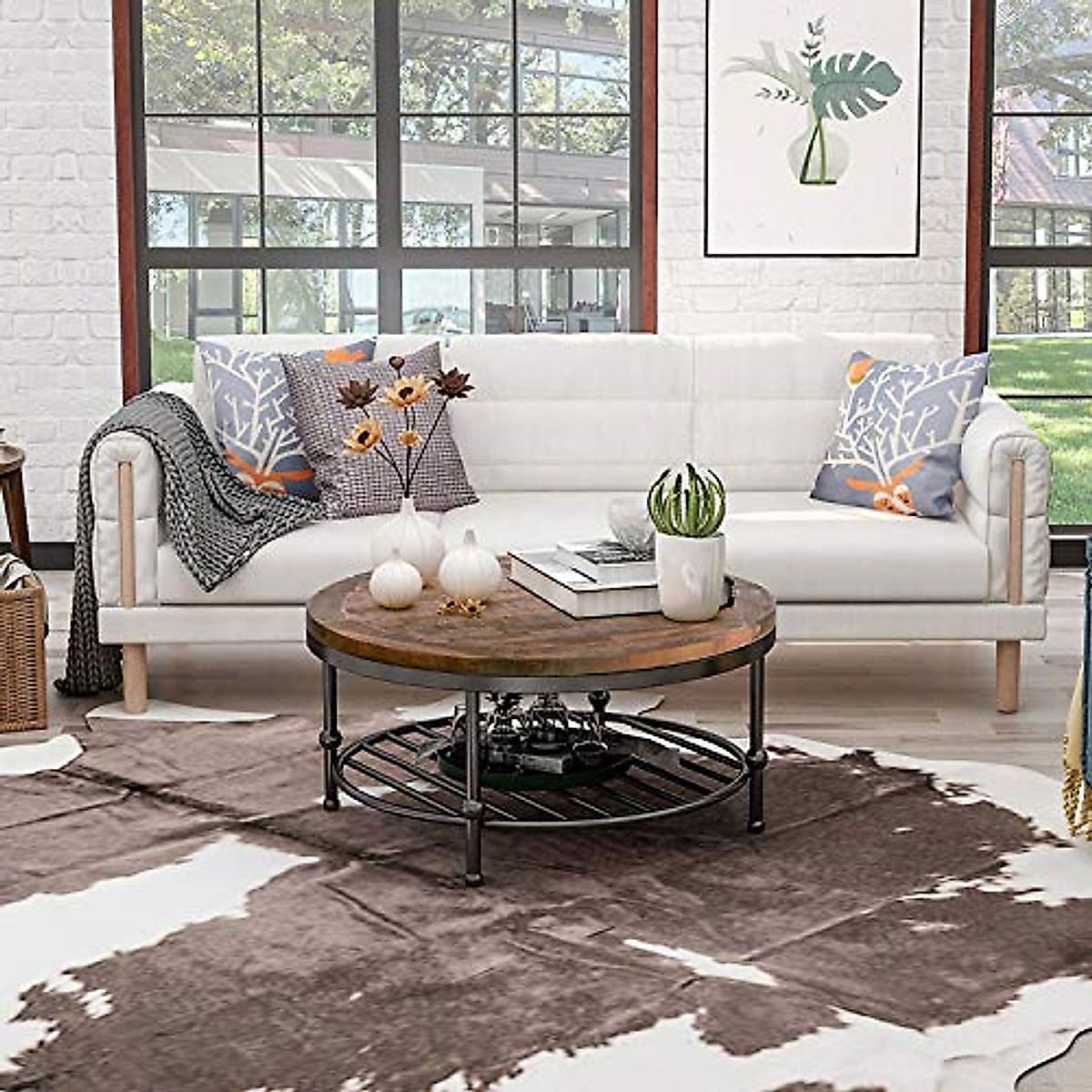 P PURLOVE Easy Assembly Hillside Rustic Natural Coffee Table with Storage Shelf for Living Room (Brown)