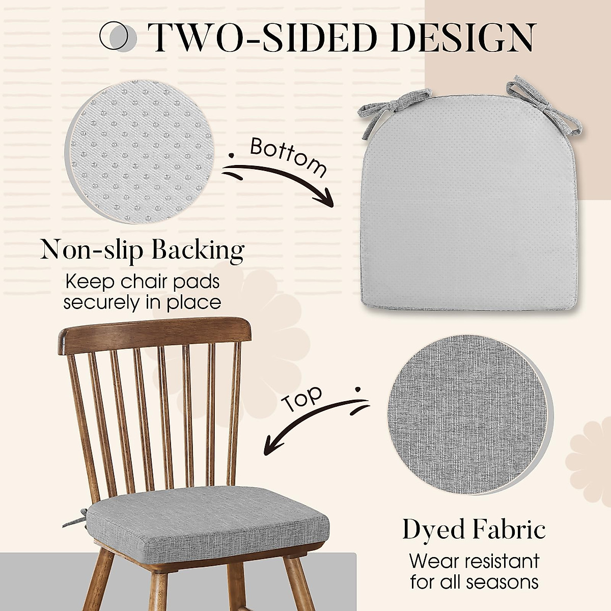 Basic Beyond Chair Cushions for Dining Chairs 4 Pack, Memory Foam Chair Cushion with Ties and Non Slip Backing, 16 x 16 inches Chair Pads for Dining Chairs(Light Grey)