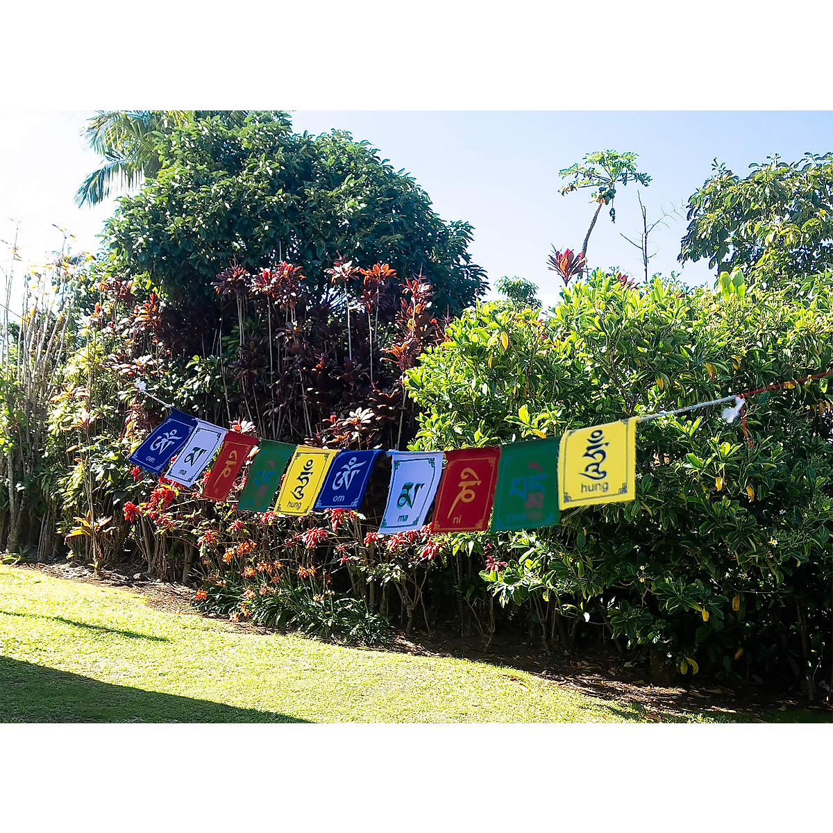 Buddha of Compassion Tibetan Prayer Flags Om Mani Padme Hum Set of 10 Five Tibetan Traditional Colors which are Yellow, Green, red, White and Blue. Each Color Represents an Element.