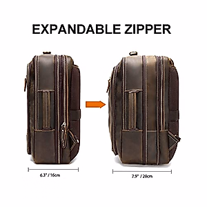 Taertii 2 in 1 Vintage Expandable Leather Backpack For Men, Large Shoulder Crossbody Briefcase Work Travel Hiking Rucksack fits 16" Laptop