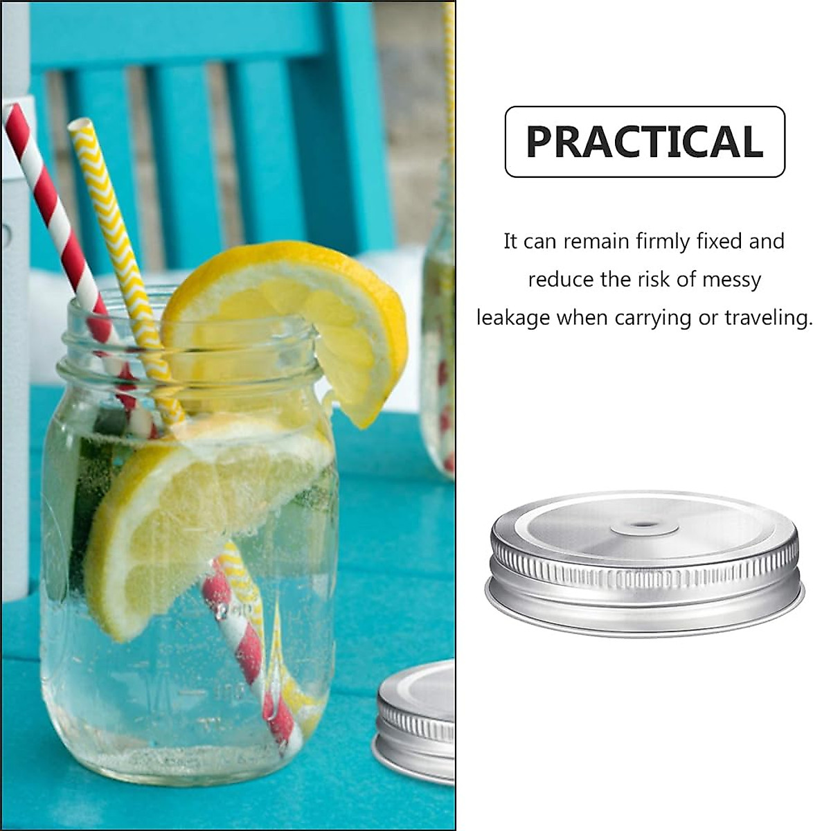 2pcs Mason Jar Straw Lids 3.3in Sealing Lid with Hole Stainless Steel Perforated Cover Secure Jar Caps Leak Proof Canning Cap Drinking Jar Cover
