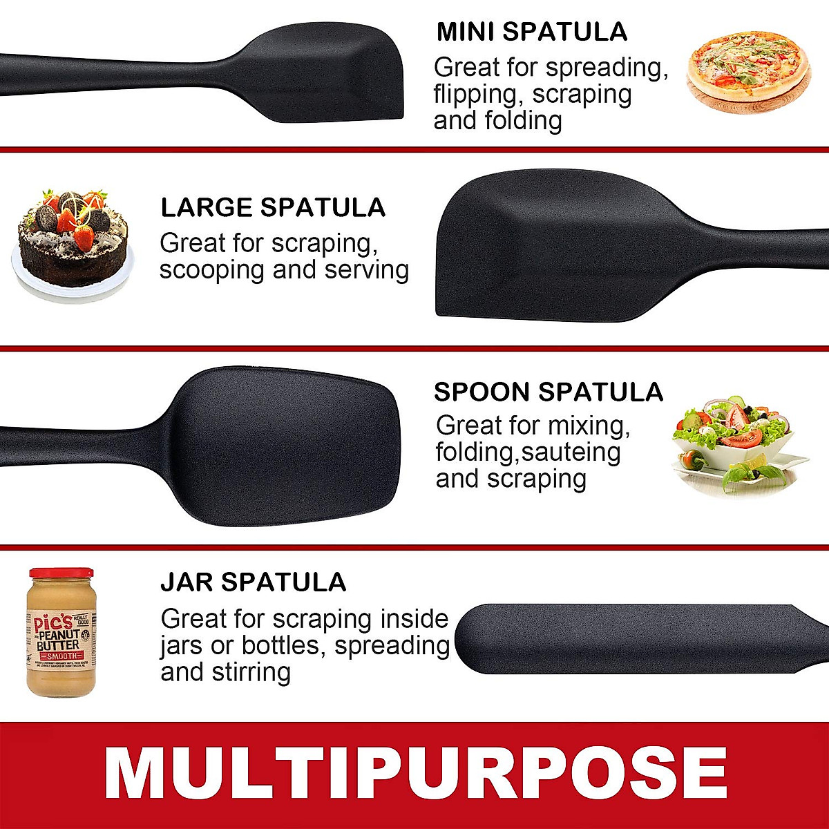 Silicone Spatula Set, G.a HOMEFAVOR Heat-Resistant Spatula - One Piece Seamless Design, Non-Stick Silicone with Reinforced Stainless Steel Core (6 Piece Set, Black)
