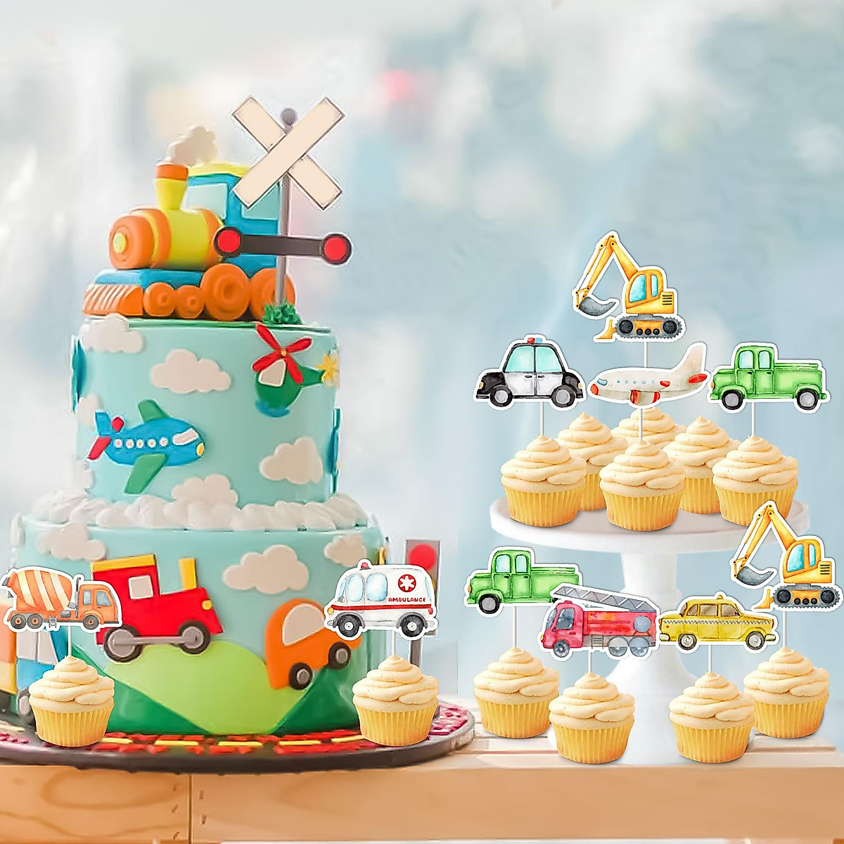 Kreatwow Transportation Cupcake Toppers 32 Pcs Watercolor Fire Engine Ambulance Taxi Airplane Construction Trucks Airplane Police Car Cupcake Picks Transportation Birthday Party Baby Shower Supplies