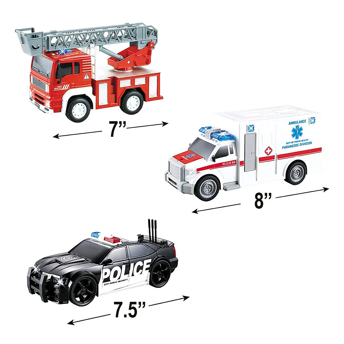 Dazmers Friction Powered City Hero Play Set Including Fire Engine Truck, Ambulance, Police Car for Kids, Boys and Girls - 3-Pack Emergency Vehicles with Light and Sound