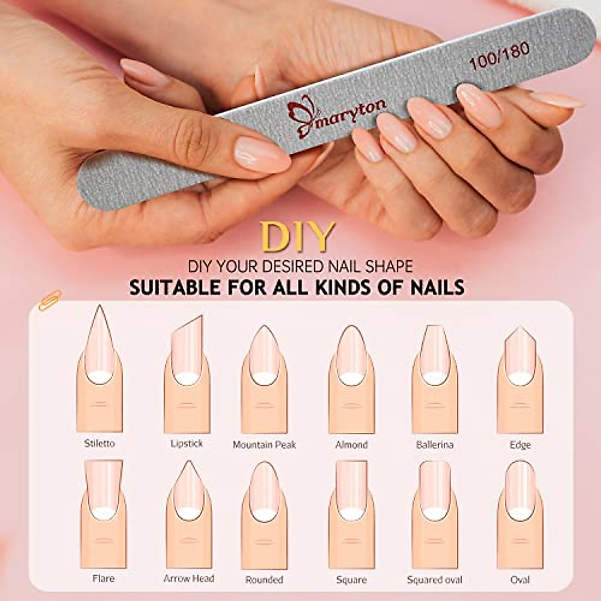 Maryton Nail File 12 PCS Emery Board 100/180 Grit for Acrylic Nails Poly Gel Nails Fingernail Files Set Manicure Kit Tools